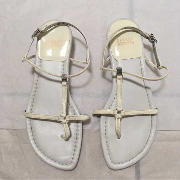 Stuart Weitzman | Shoes | Stuart Weitzman White Leather Flat Sandals ...